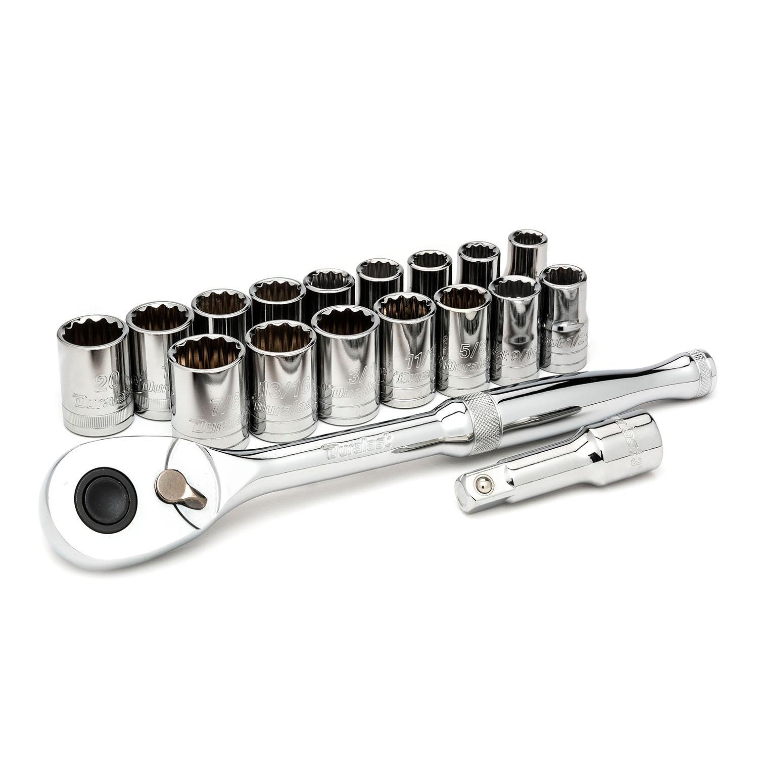 Duralast 1/4in Drive Ratchet and Socket SAE and Metric Tool Set 22 Piece