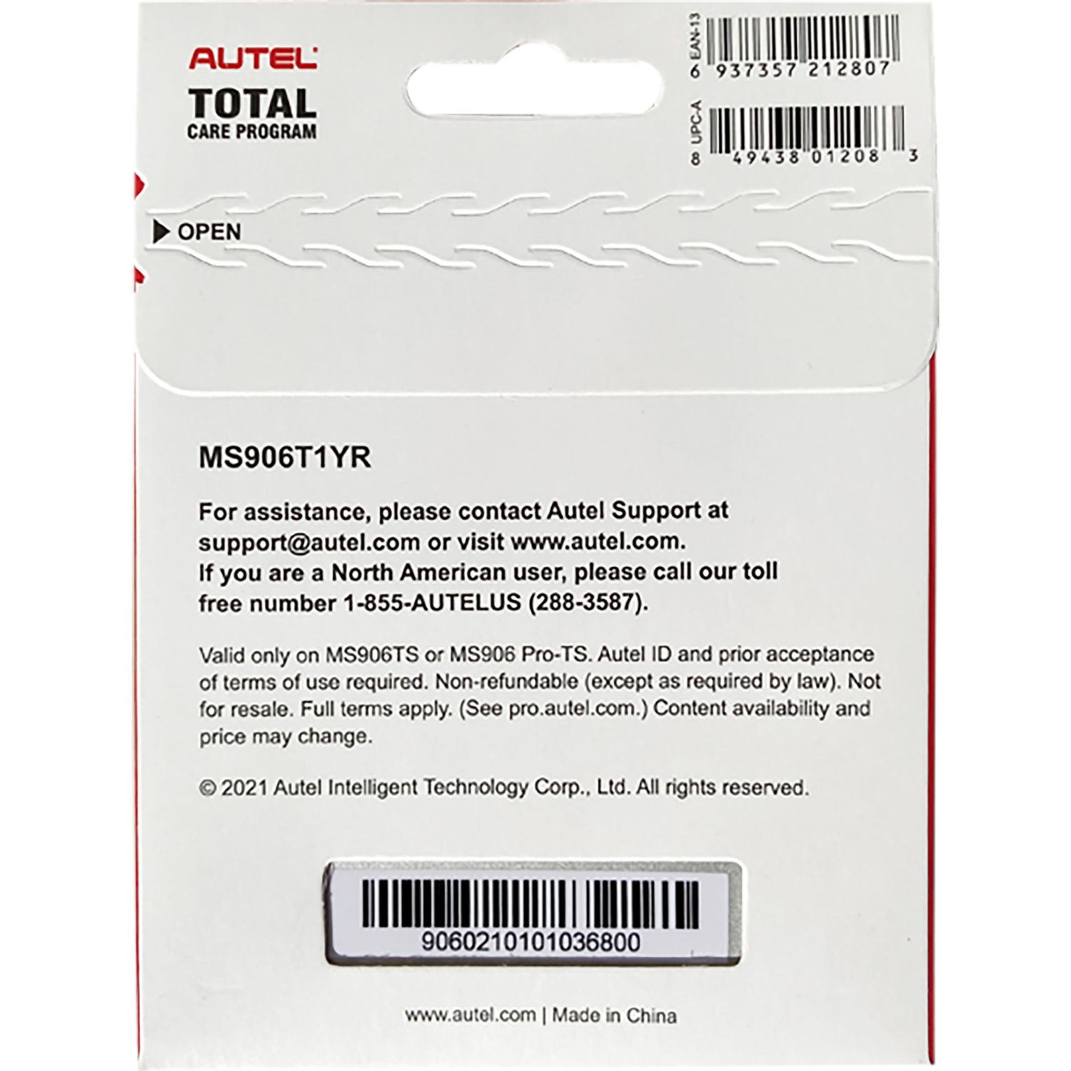 Autel Total Care Program Card for the MS906PROTS or MS906TS