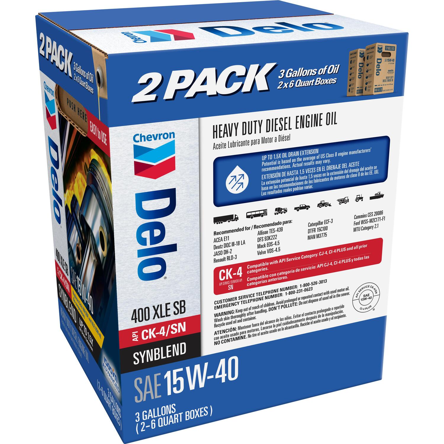 Chevron Delo 400 XLE SB 15W-40 Synthetic Blend Diesel Oil 3 Gallon Bag ...