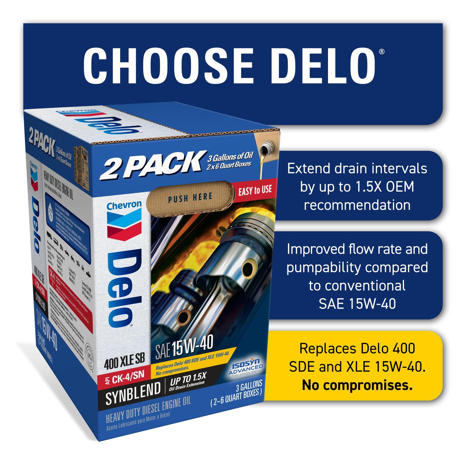 Chevron Delo 400 XLE SB 15W-40 Synthetic Blend Diesel Oil 3 Gallon Bag ...