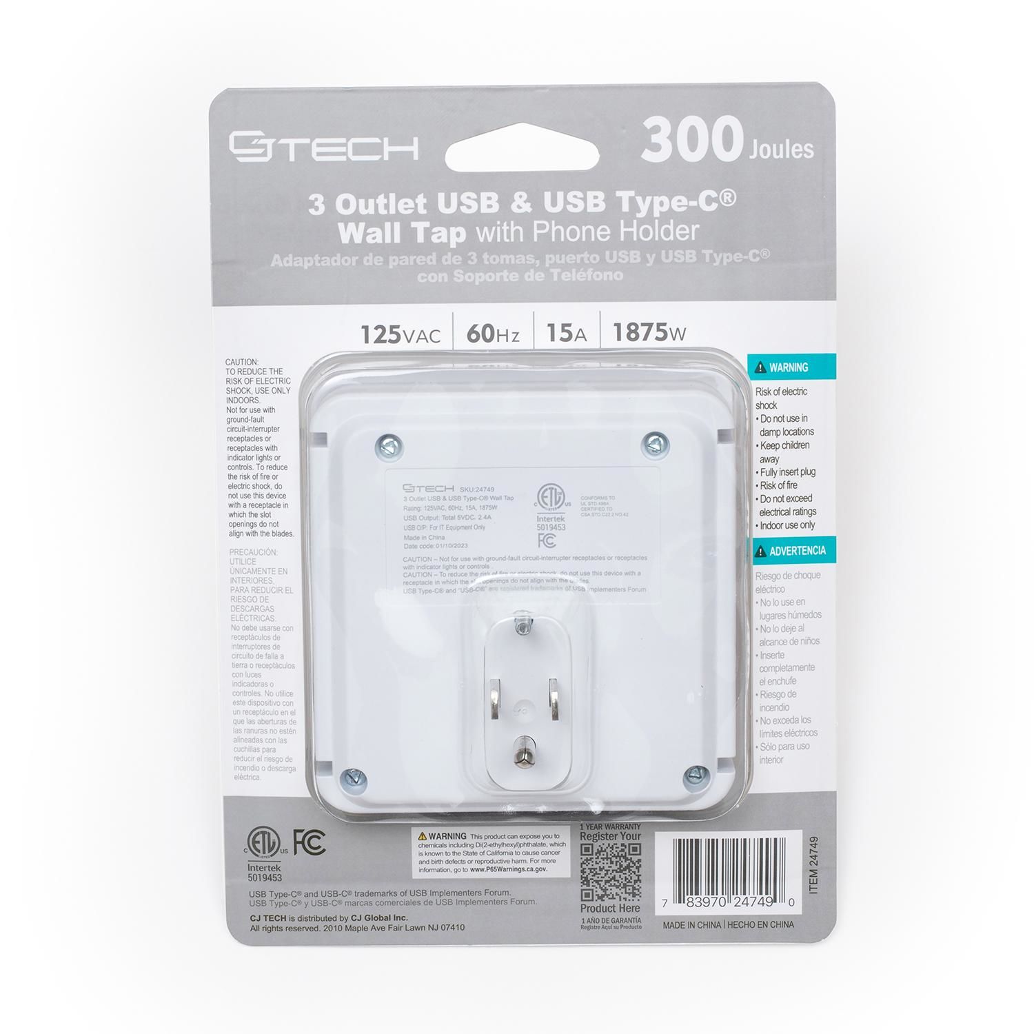 CJ Tech Wall Tap 3 AC Outlet, 1 USB, and 1 USB Type C with Phone Holder