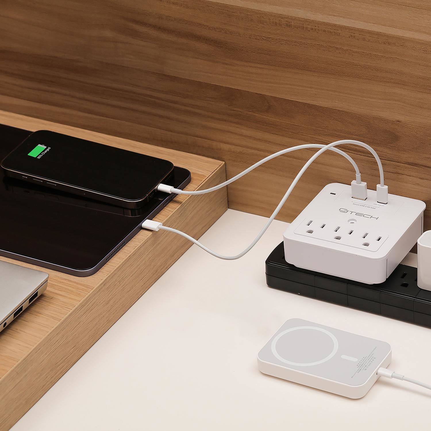 CJ Tech Wall Tap 3 AC Outlet, 1 USB, and 1 USB Type C with Phone Holder