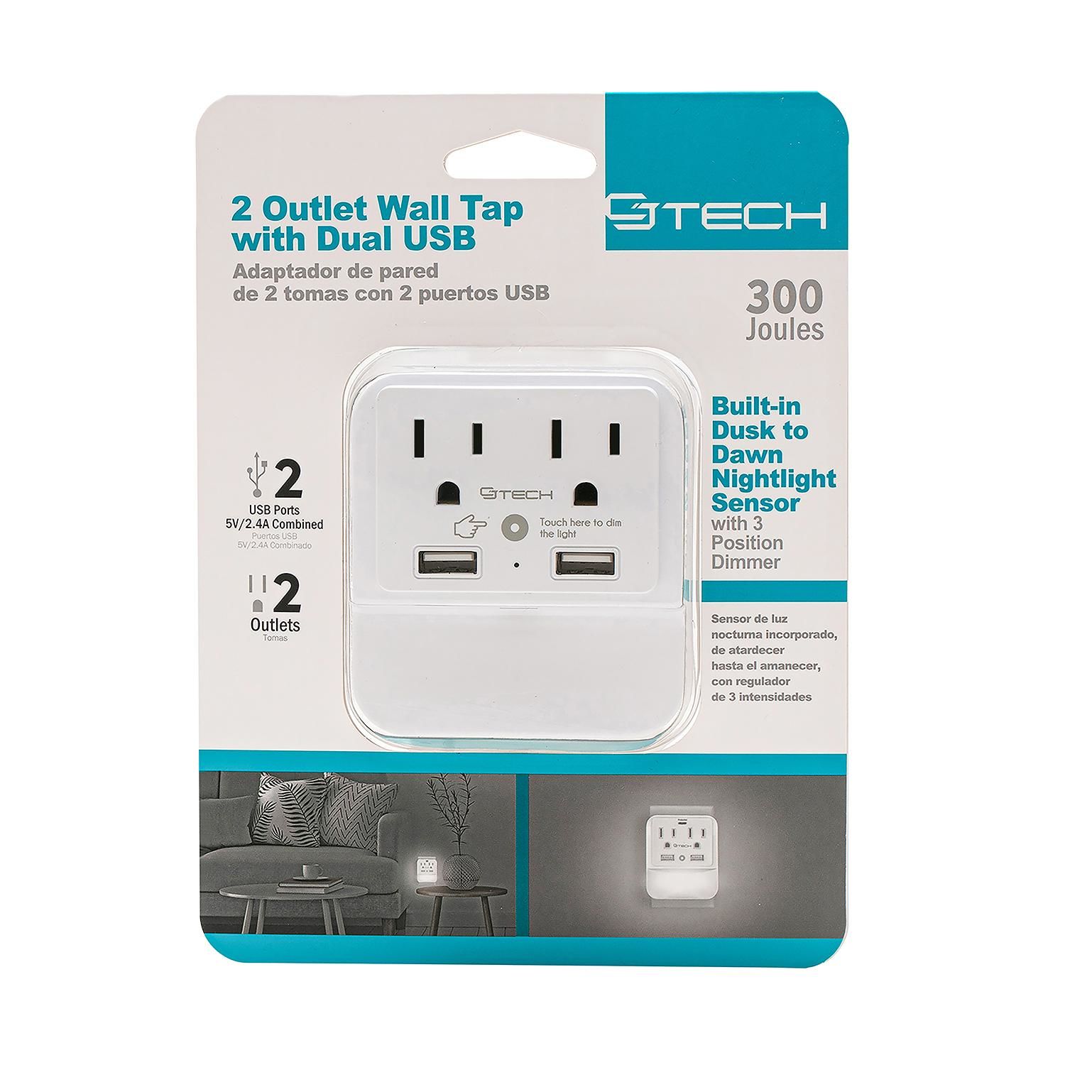 CJ Tech Wall Tap 2 Outlet 2 USB with Built in Nightlight