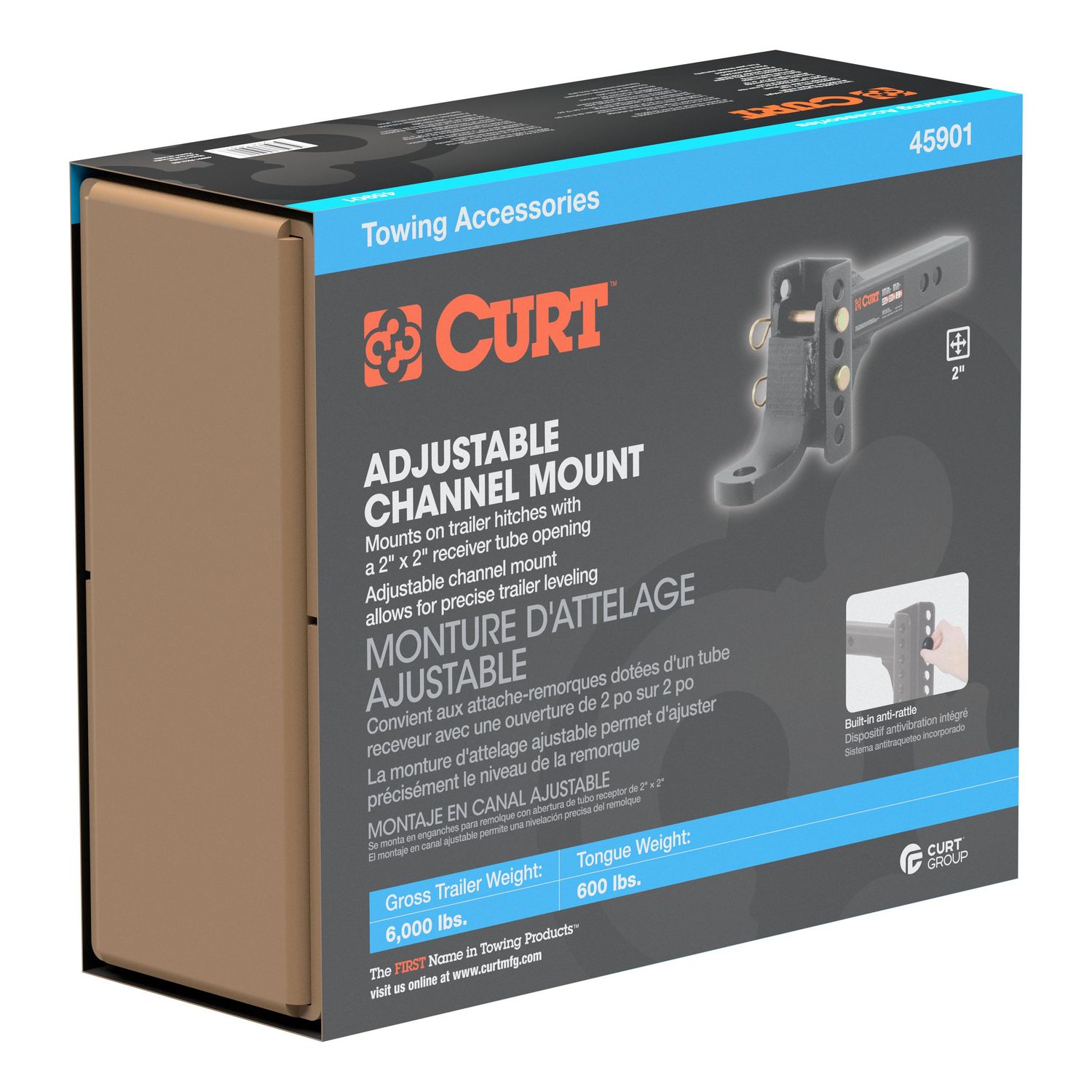 CURT Adjustable Channel Mount with 1 Ball Hole 2in Shank, 6,000lbs, 6-3 ...