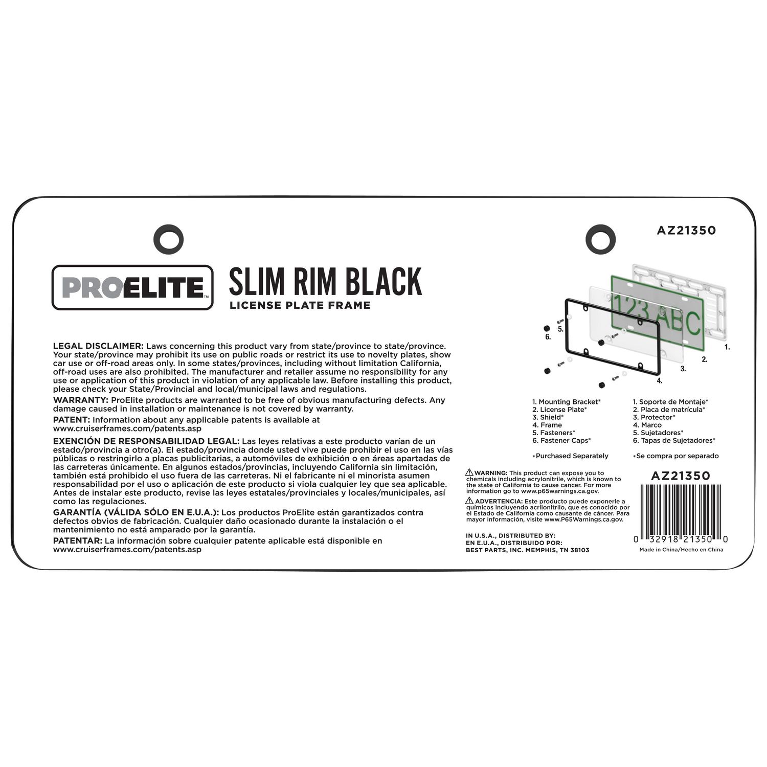 ProElite Black Slim Rim License Plate Frame