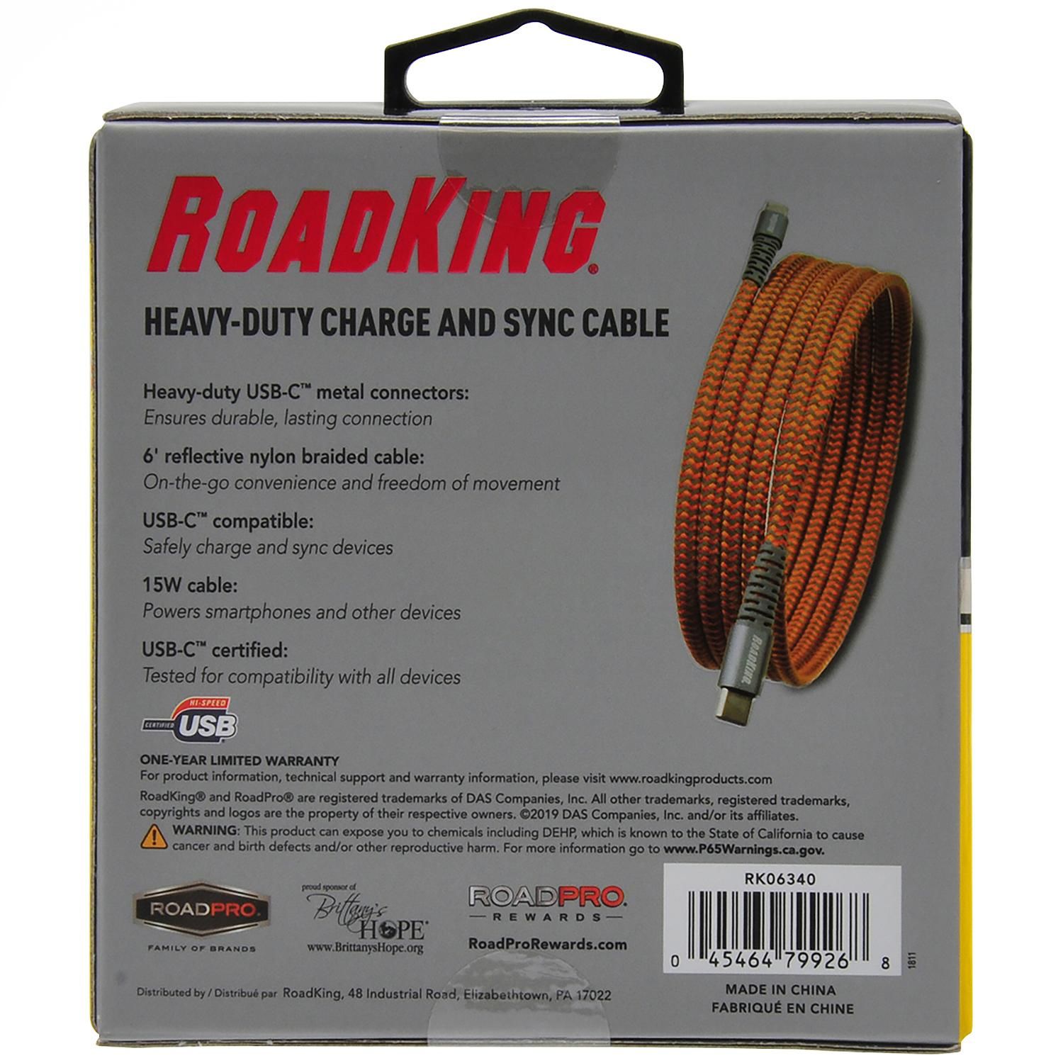 RoadKing 6ft 15 Watt Orange Heavy Duty USB-C To USB-C Charge And Sync Cable