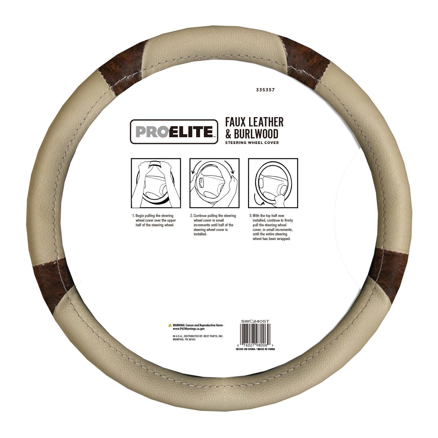 ProElite Deluxe Burlwood and Tan Steering Wheel Cover