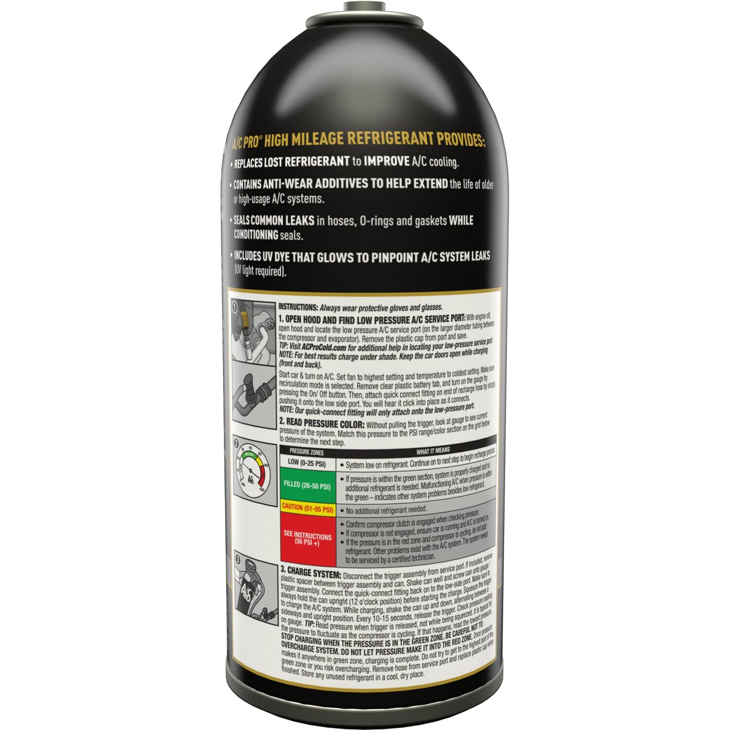 A/C Pro High Mileage R-134a Refrigerant with Stop Leak and UV Dye 10.8oz