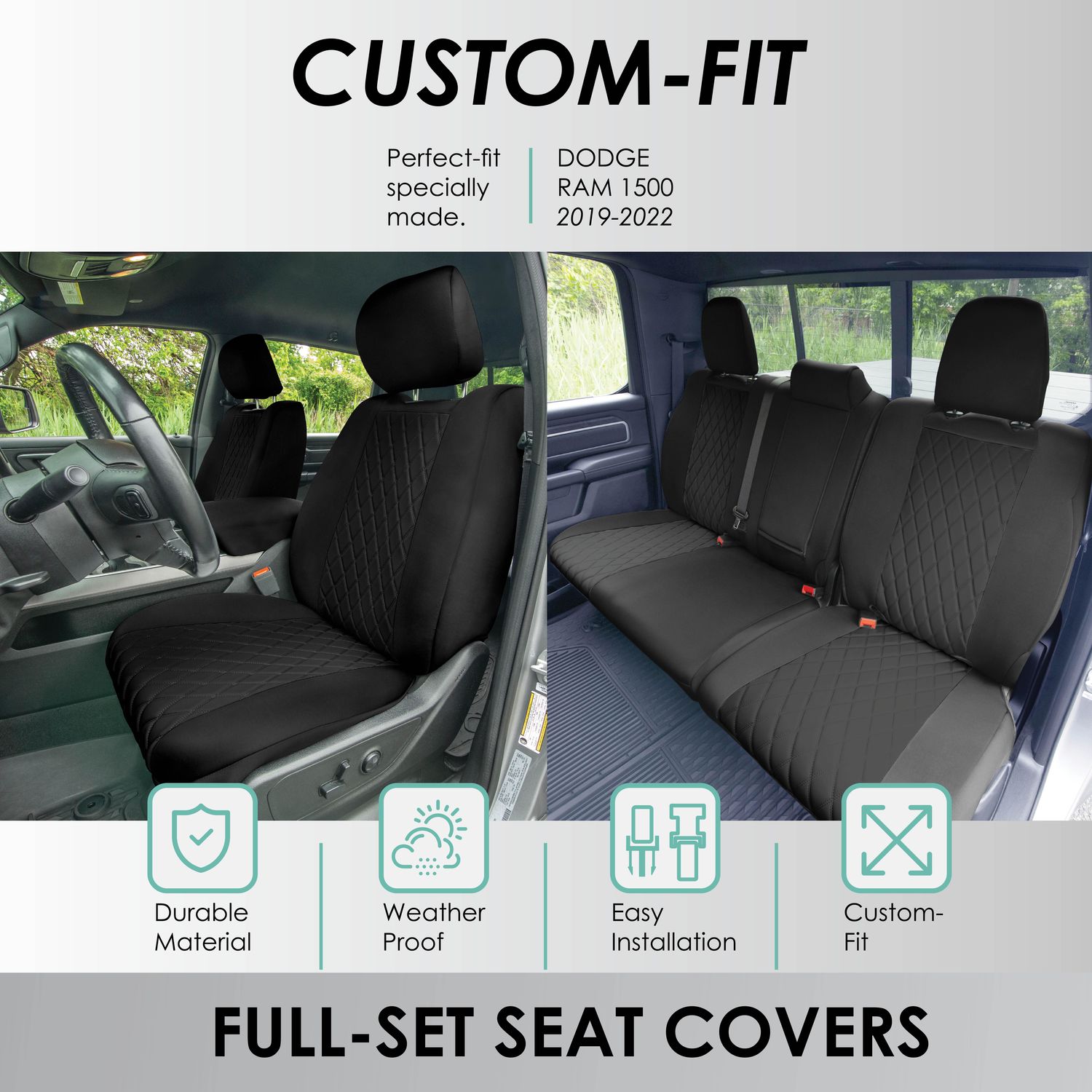 FH Group Black Neoprene Custom Fit Rear Seat Cover Set for 2022 2024 Dodge RAM 1500