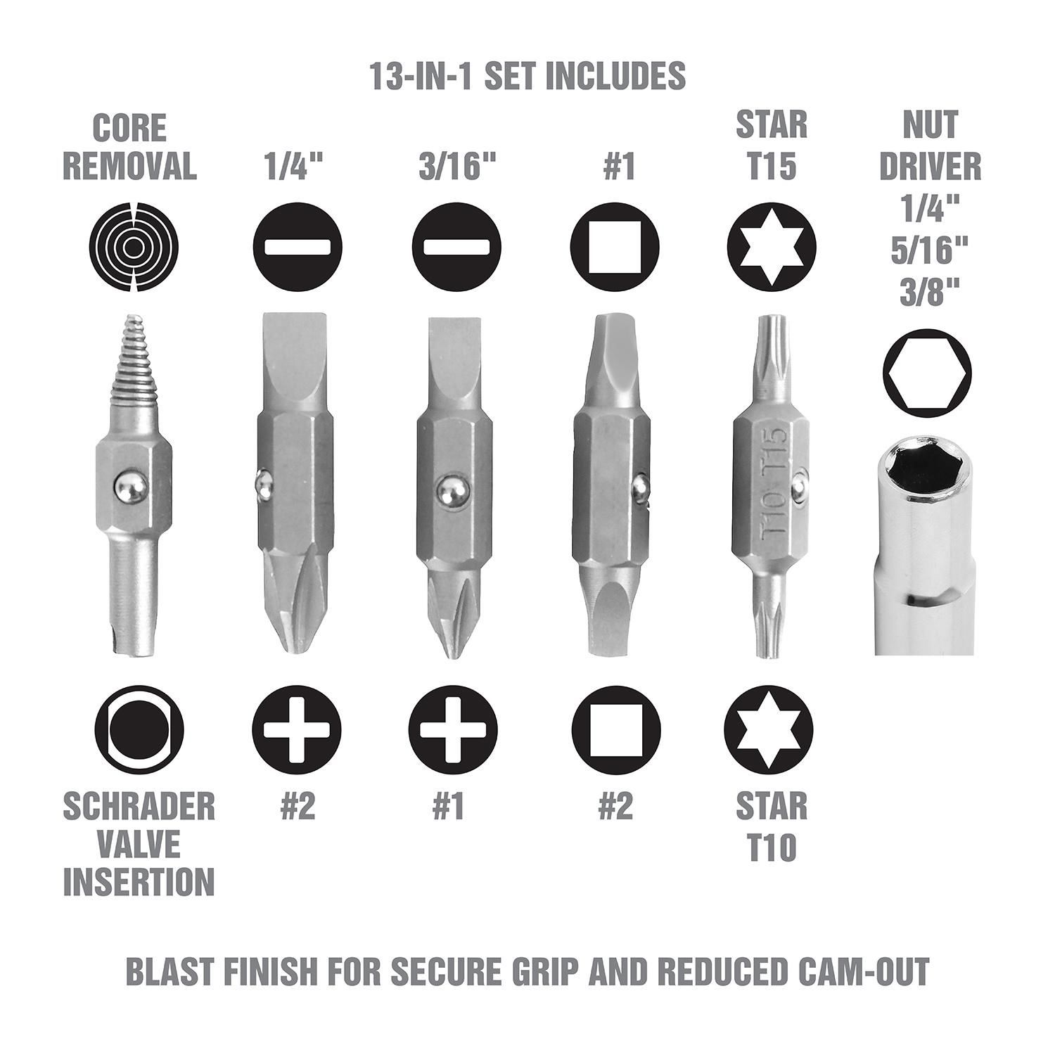 OEMTOOLS 13-in-1 Multi-Bit Screwdriver, Nut Driver and Schrader Valve Tool