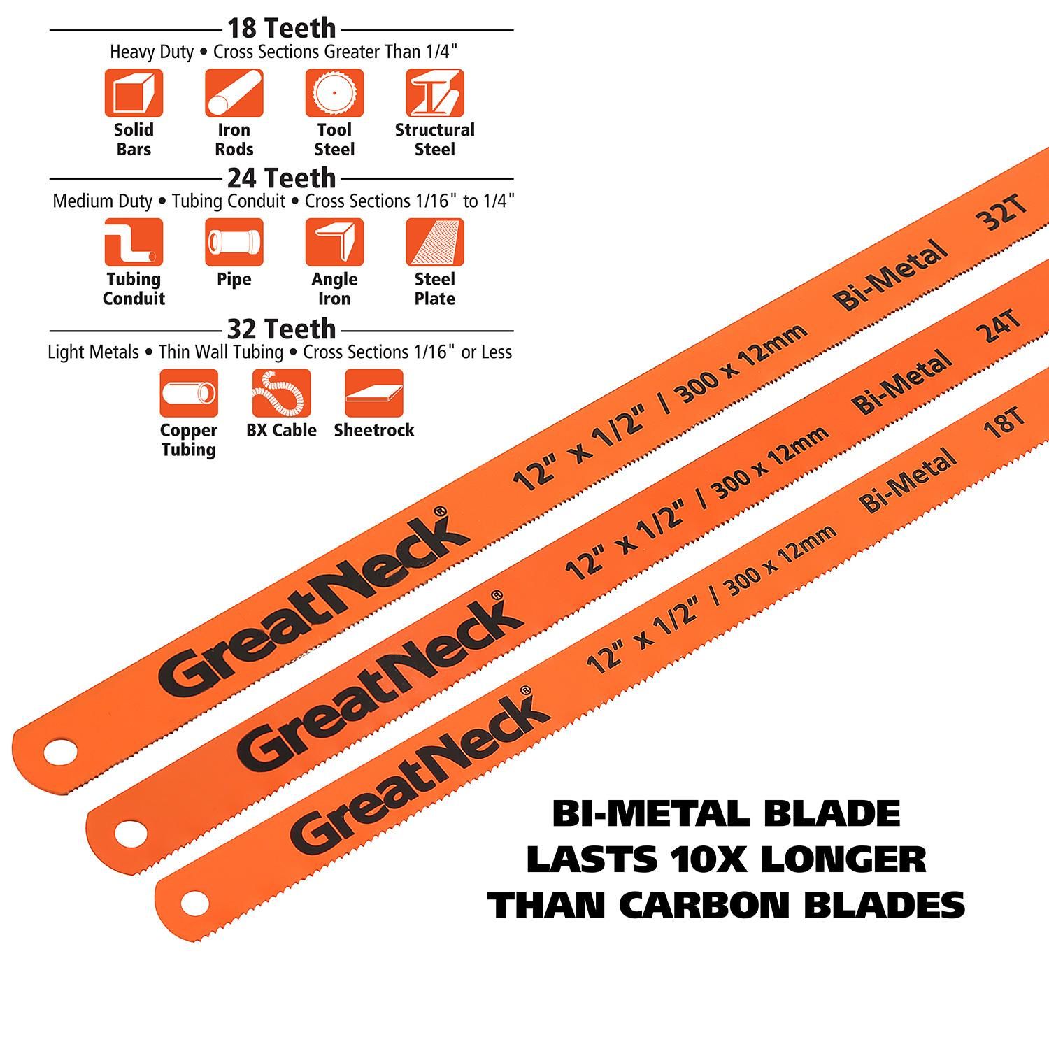 Great Neck 12in Bi Metal Hacksaw Blade Assortment