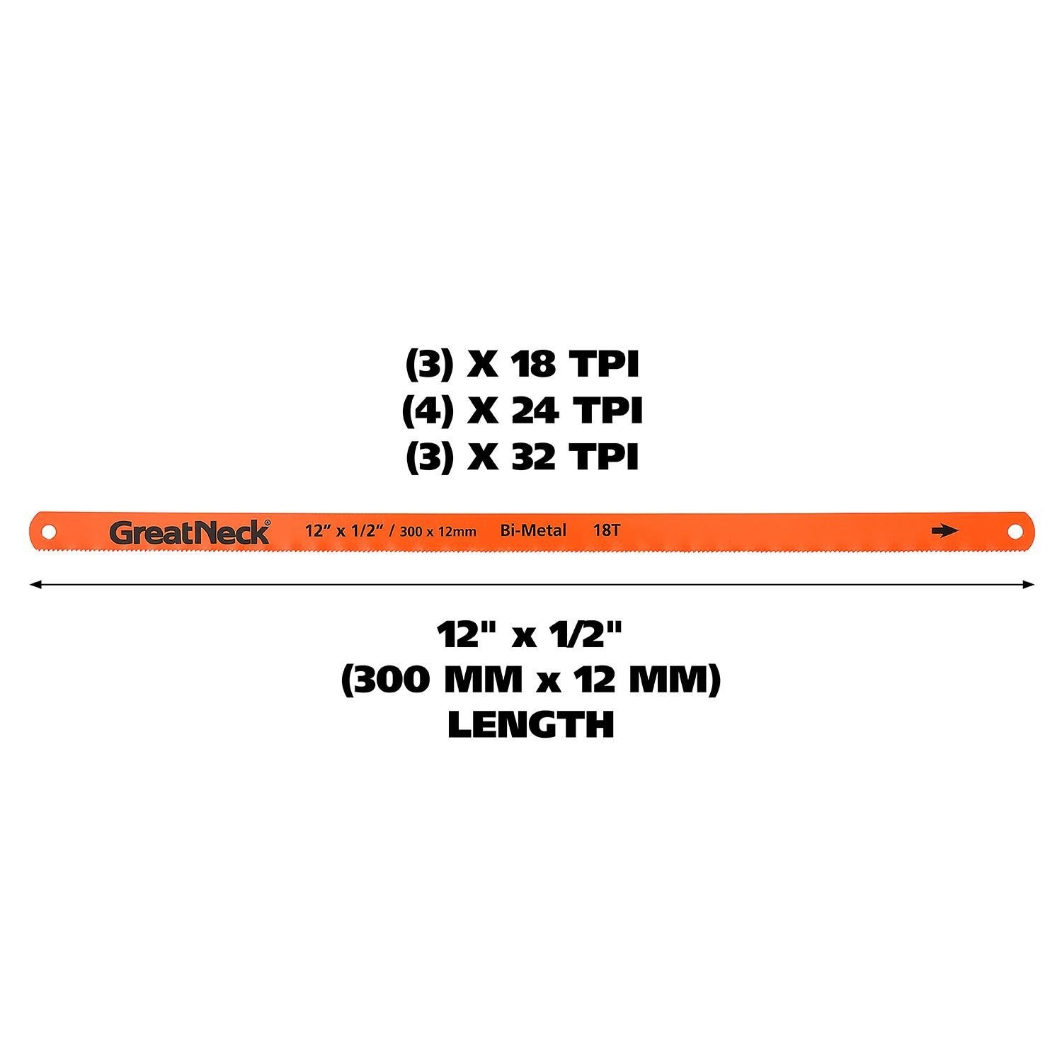 Great Neck 12in Bi Metal Hacksaw Blade Assortment