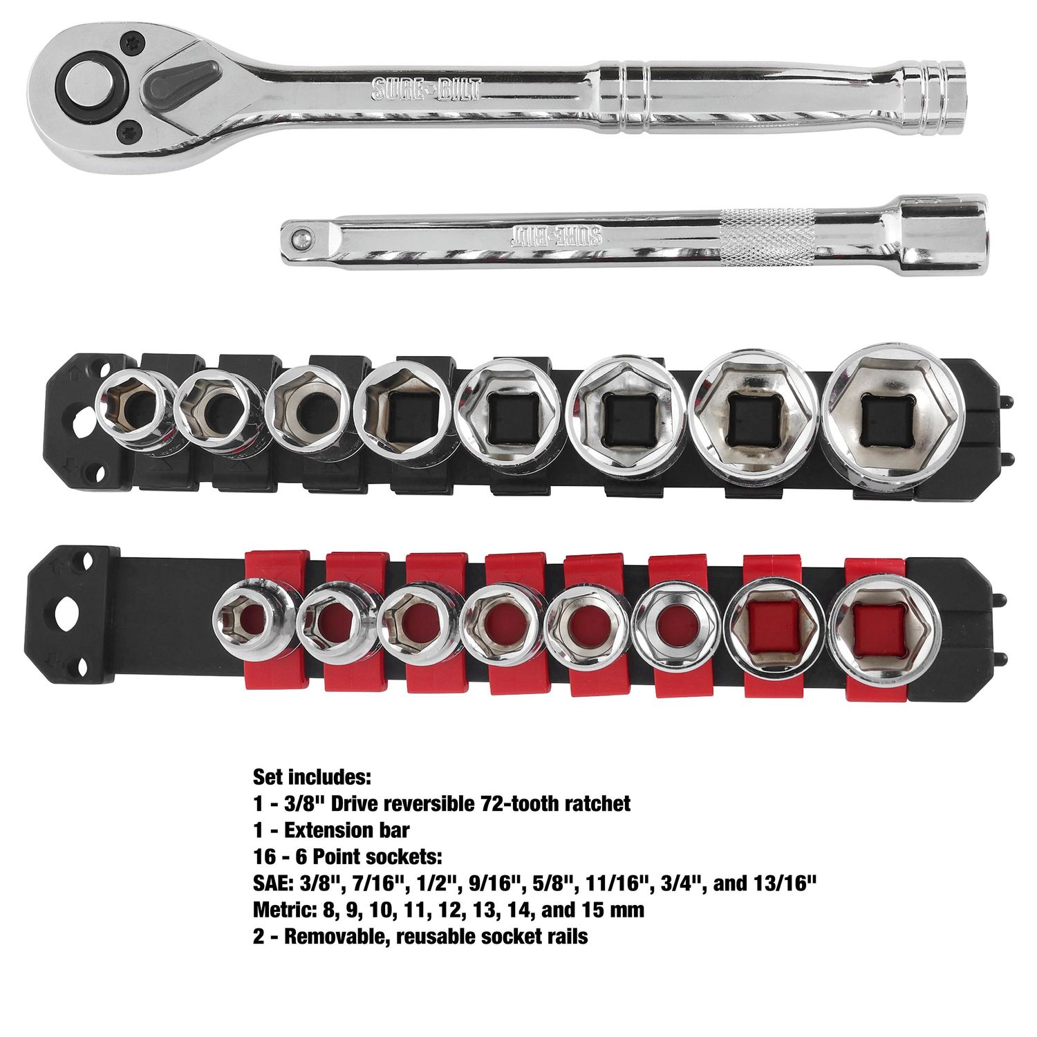 SureBilt 3/8in Drive Ratchet and Socket Set 20 Piece