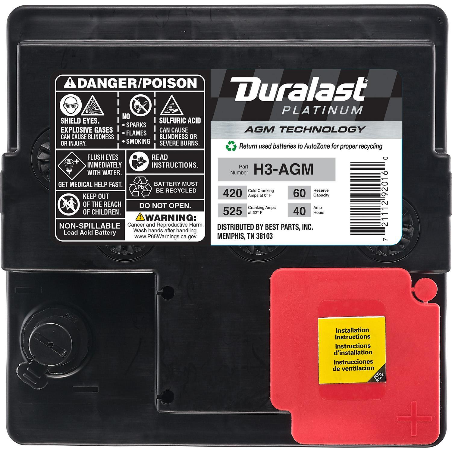 Duralast Platinum H3 Absorbed Glass Mat (AGM) Battery H3-AGM