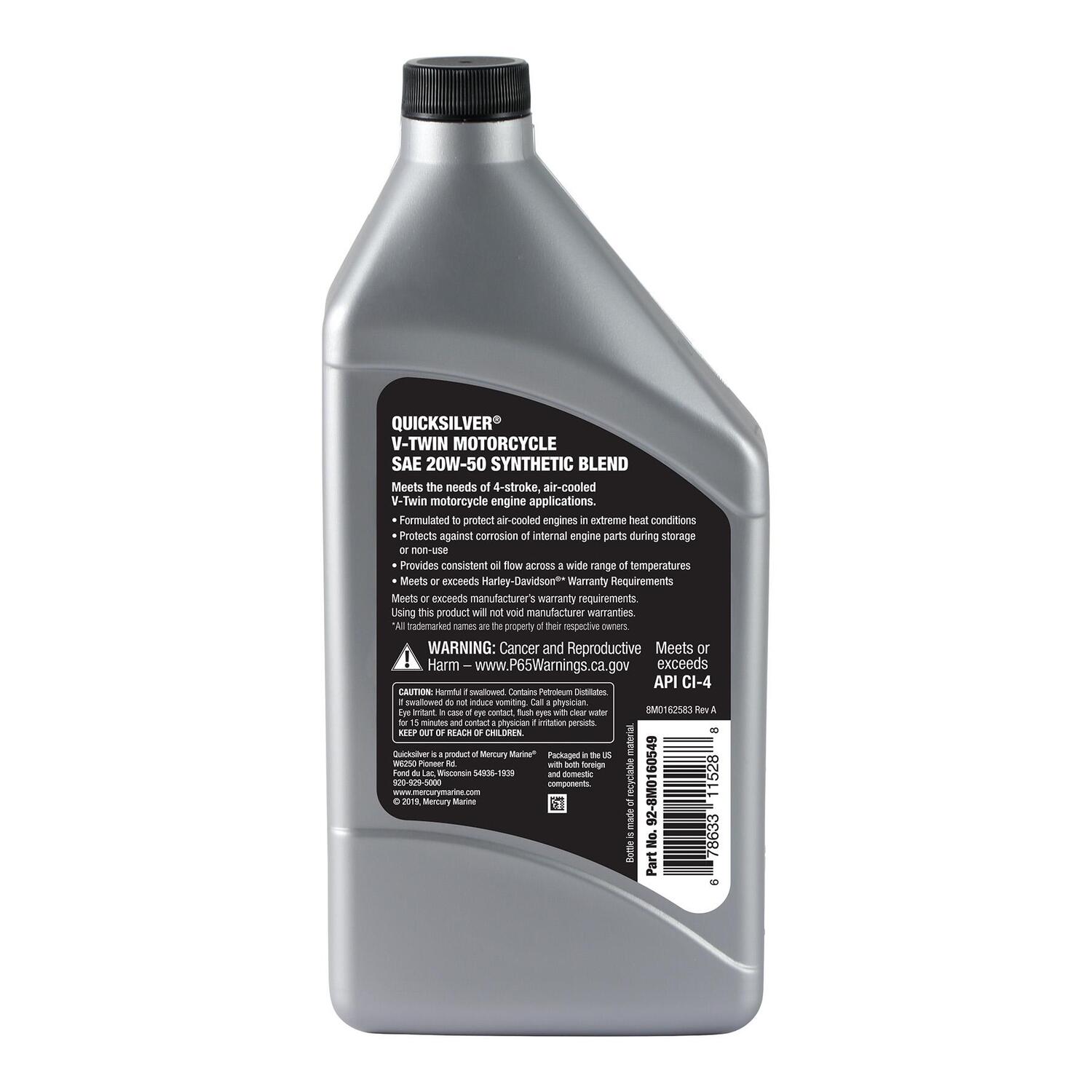 Quicksilver Motorcycle Synthetic Blend 20W-50 Motor Oil 1 Quart