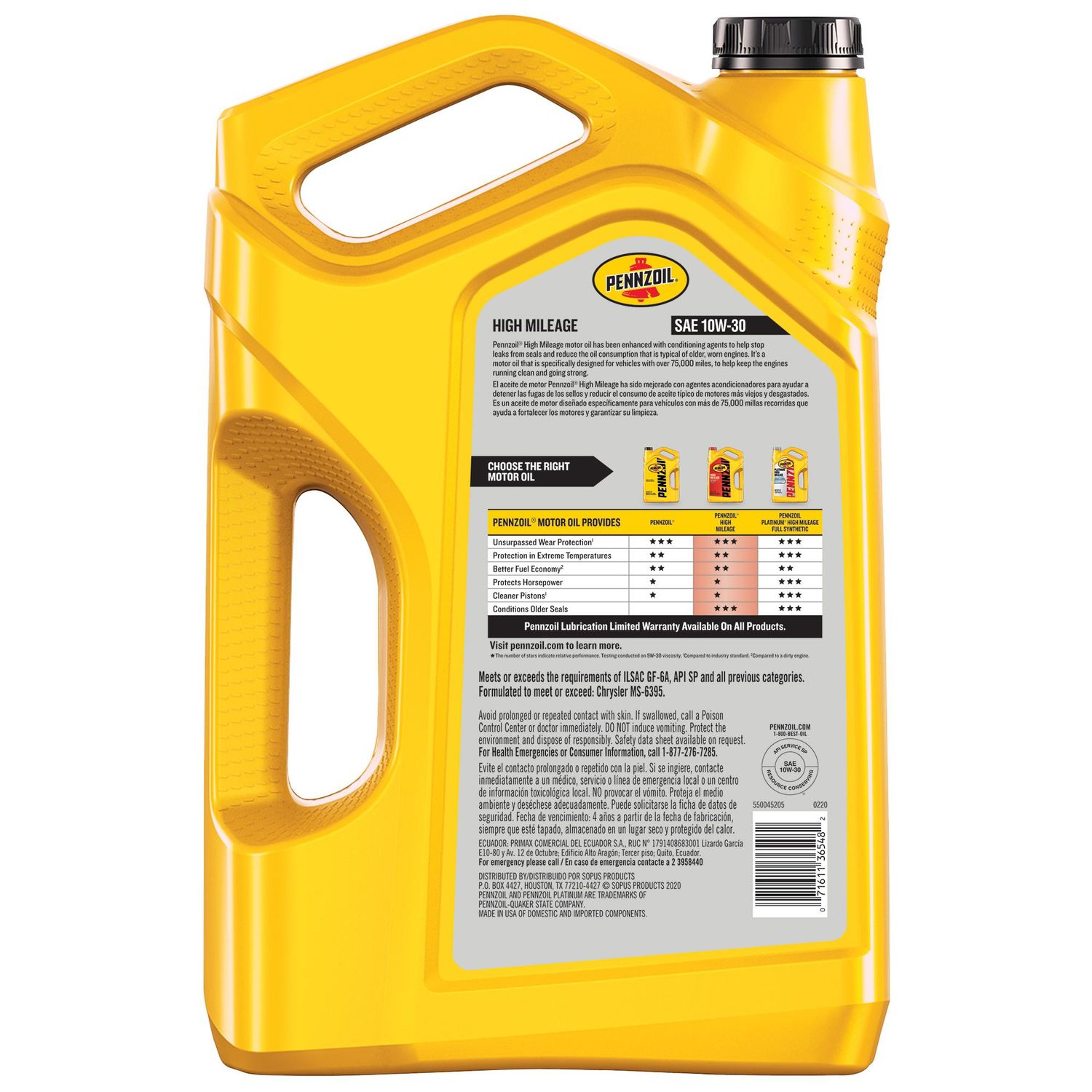Pennzoil High Mileage Full Synthetic Engine Oil 10W-30 5 Quart