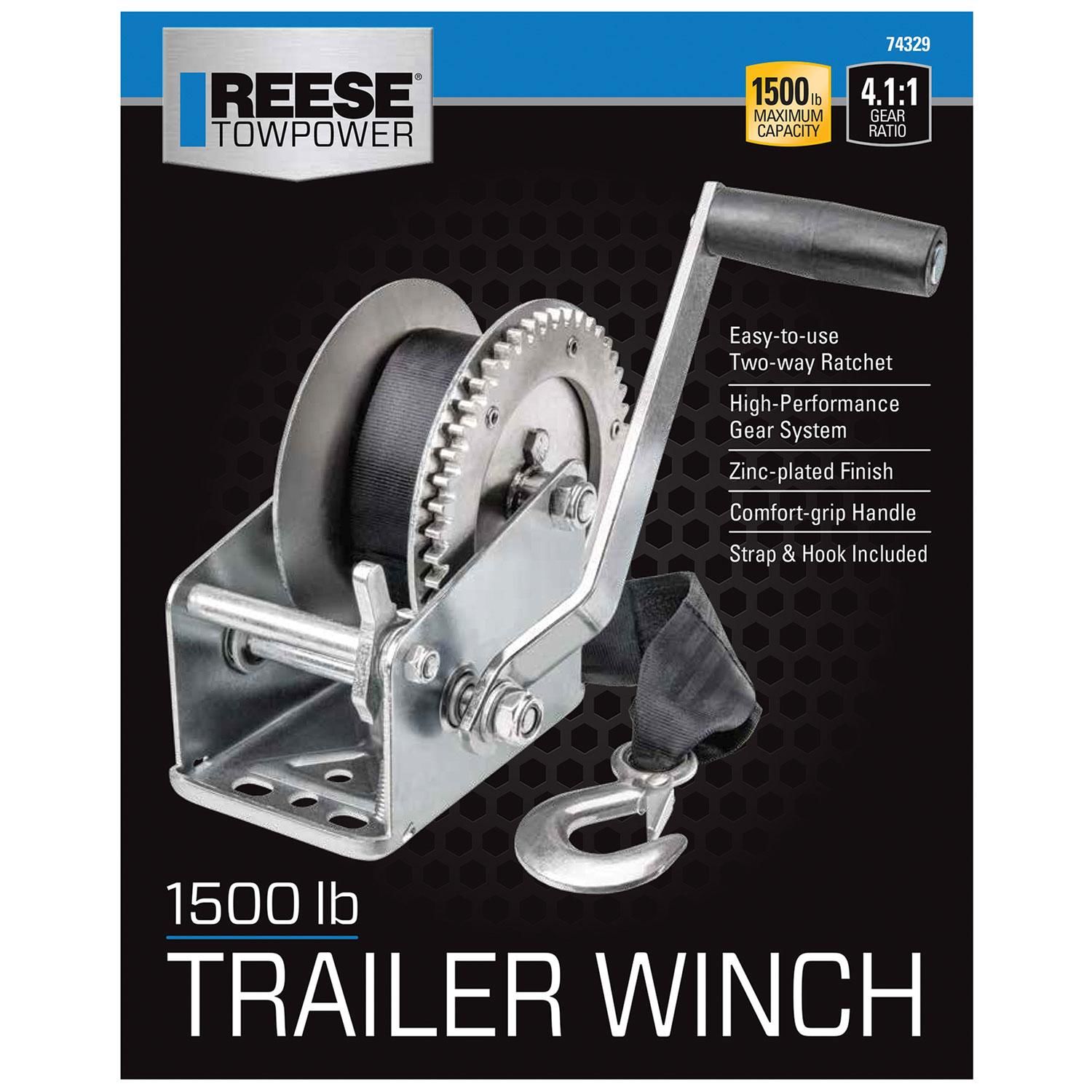 REESE Towpower 1,500lbs Hitch Winch with 20ft Strap and Hook