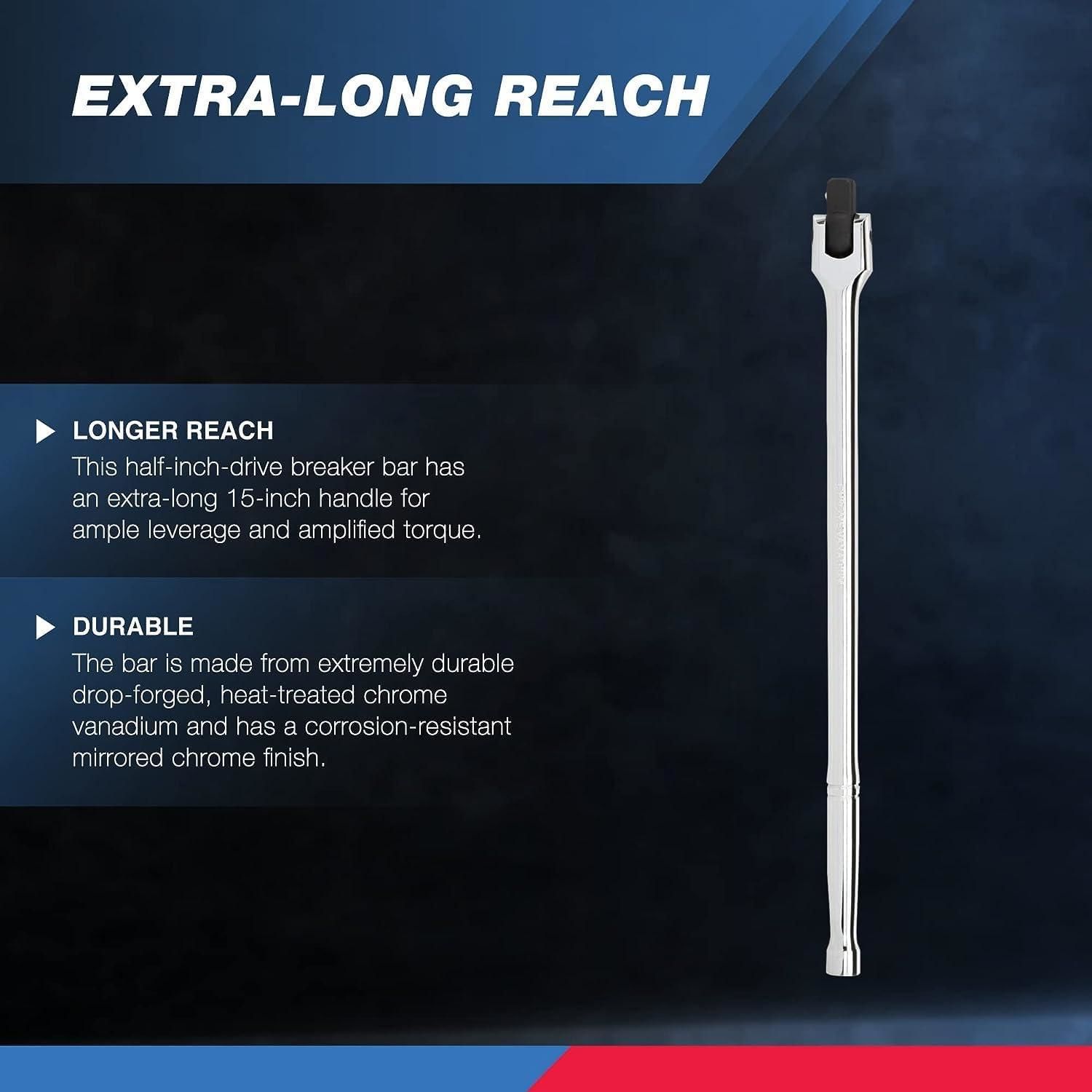 NEIKO 1/2in Drive 15in Length Extension Breaker Bar with Rotating Flex Head