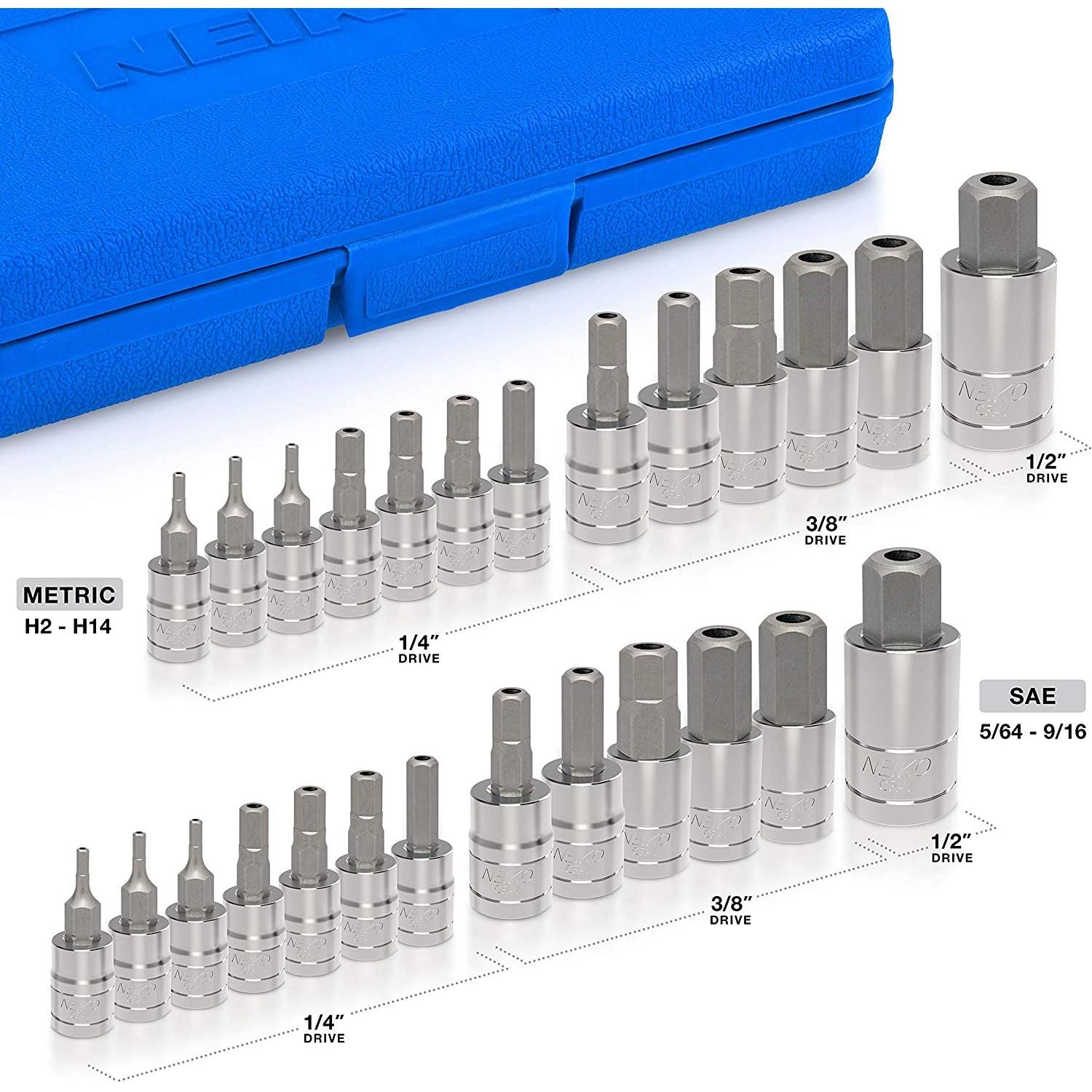 NEIKO SAE and Metric Tamper Proof Hex Bit Socket Set 26 Piece