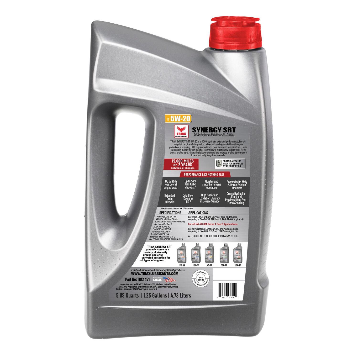 Triax Lubricants Synergy SRT Engine Oil Full Synthetic 5W-20 5 Quart