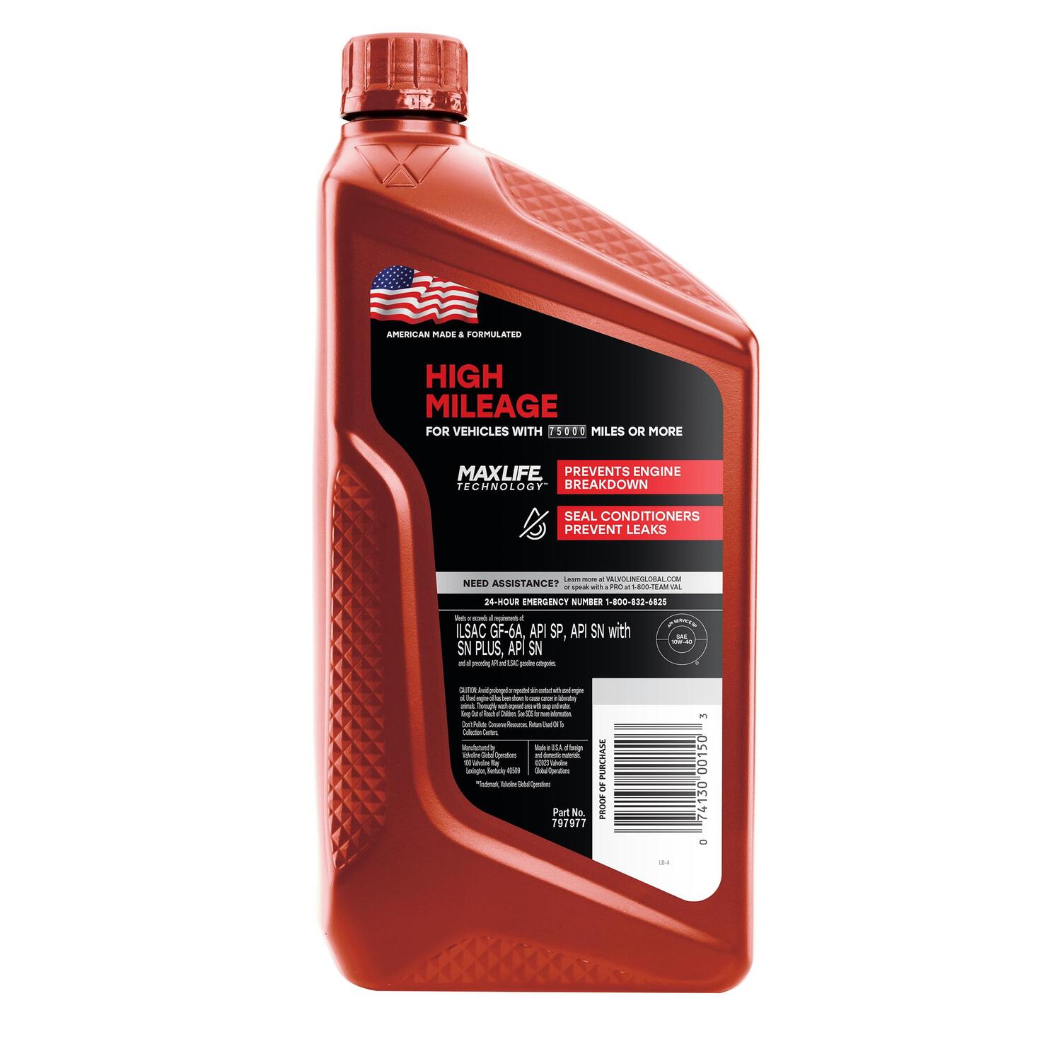 Valvoline High Mileage Synthetic Blend Engine Oil 10W-40 1 Quart