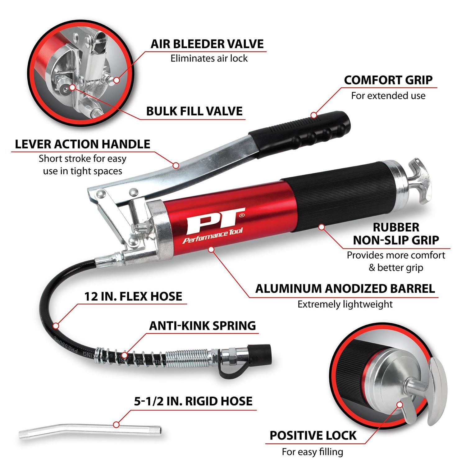 Performance Tool Aluminum Heavy Duty Lever Grease Gun