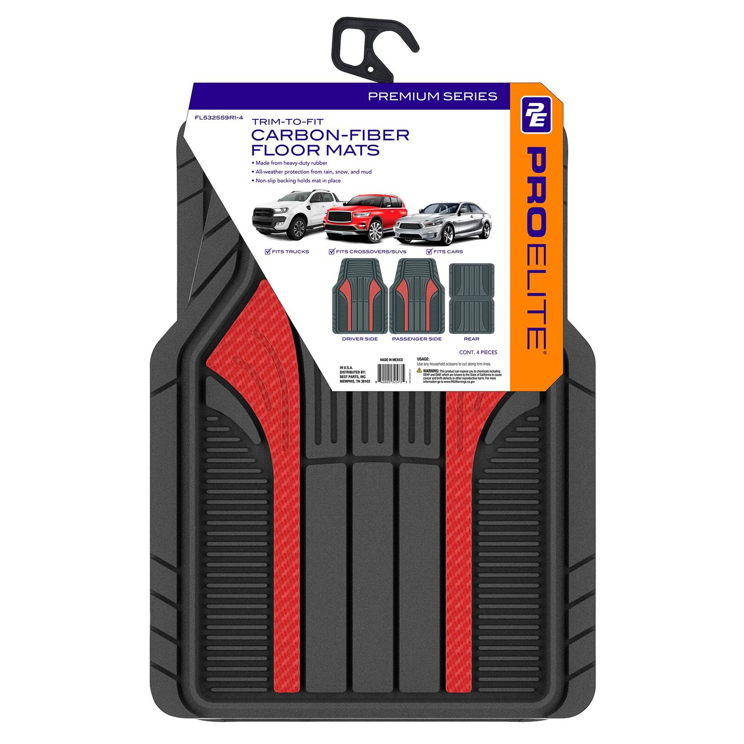 ProElite Red Carbon Fiber Rubber Floor Mat 4 Piece