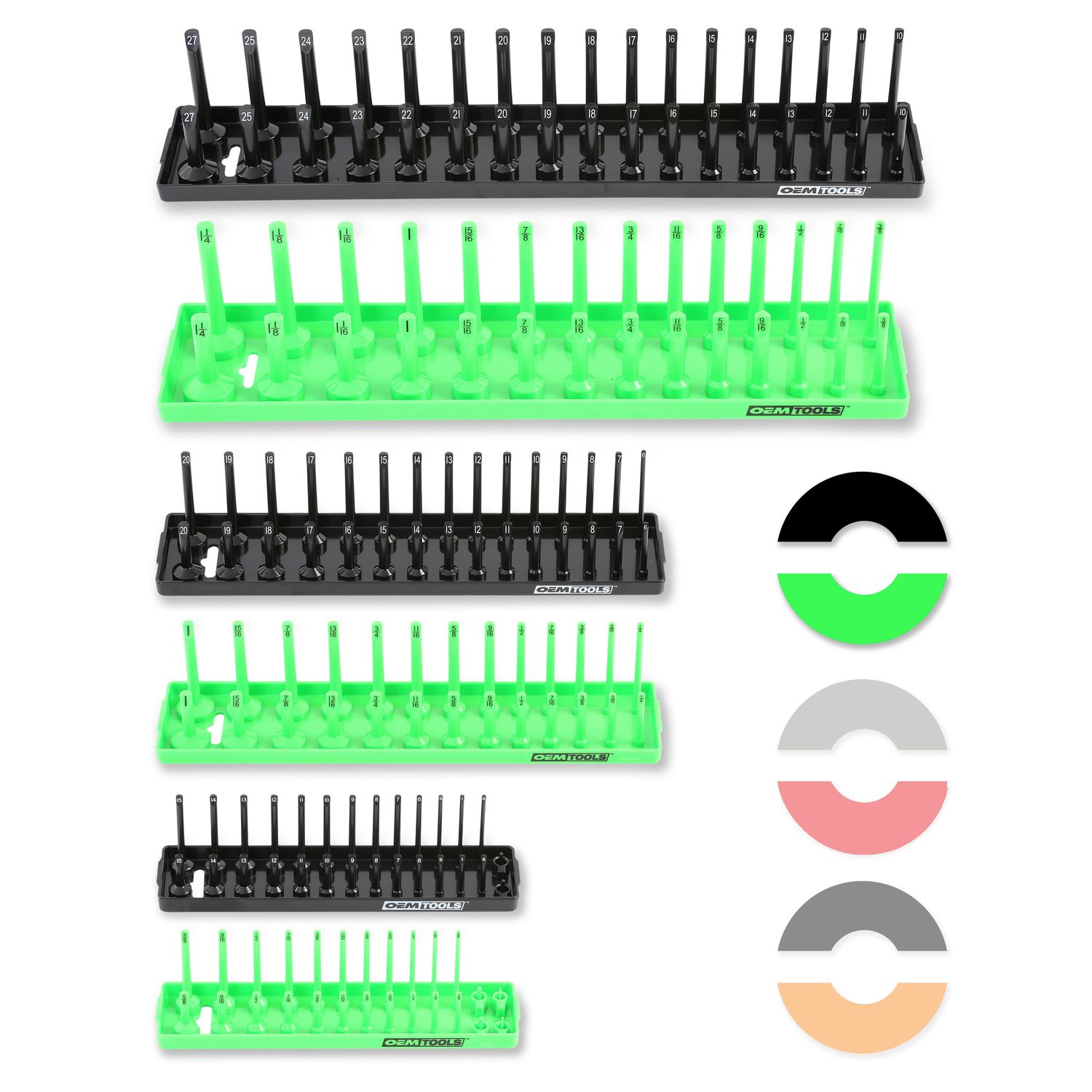 OEMTOOLS SAE and Metric Black and Green Socket Tray Set 6 Piece