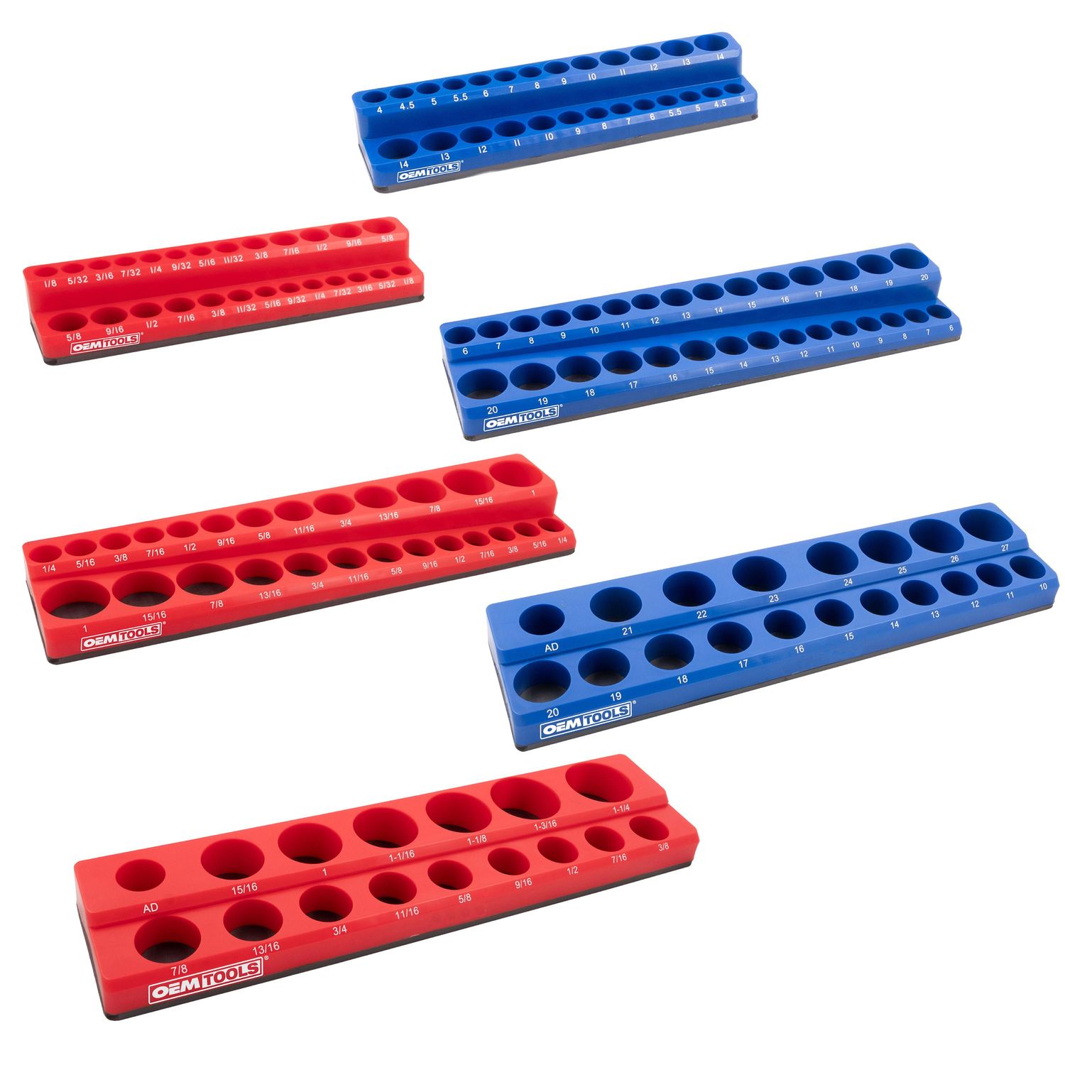 OEMTOOLS Red and Blue Metric and SAE Magnetic Socket Organizers 6 Pack Set
