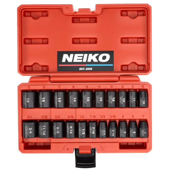 NEIKO 3/8in Drive SAE and Metric Shallow Impact Socket Set 21 Piece