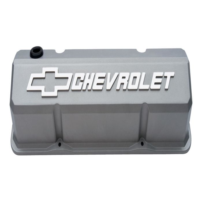 Proform Gray Valve Cover with Raised Bowtie Logo for Chevy Small Block