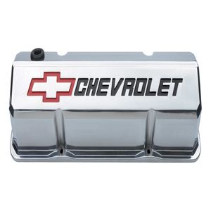 Proform Polished Valve Cover with Raised Bowtie Logo for Chevy Small Block