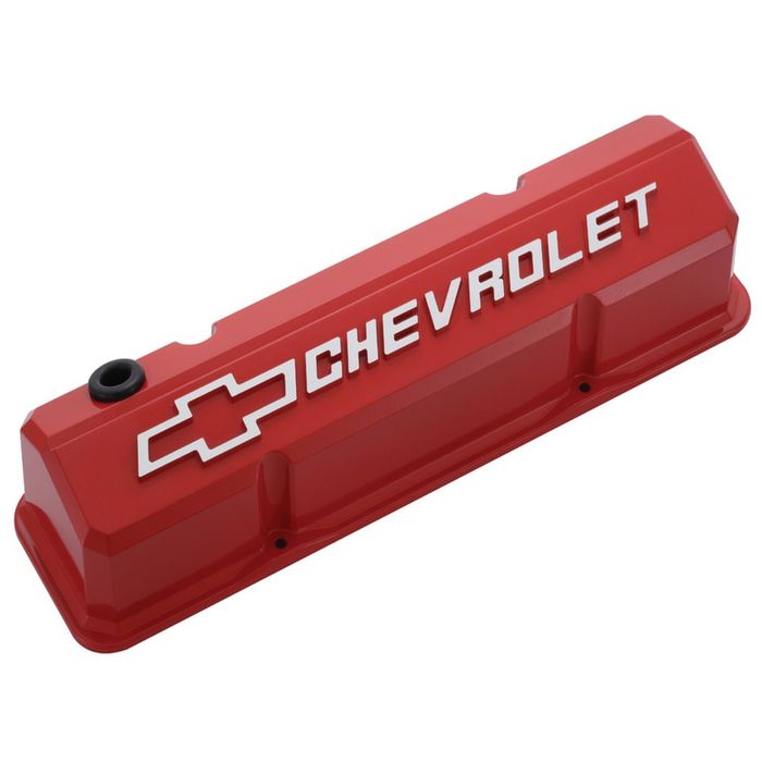 Proform Red Valve Cover with Raised Bowtie Logo for Chevy Small Block